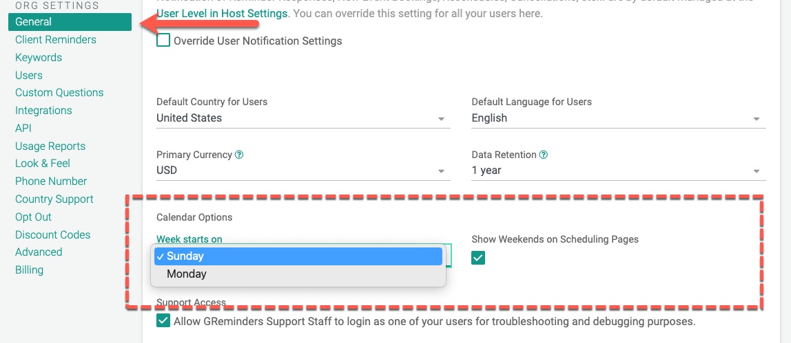 Specify when your week starts on your scheduling calendar | GReminders